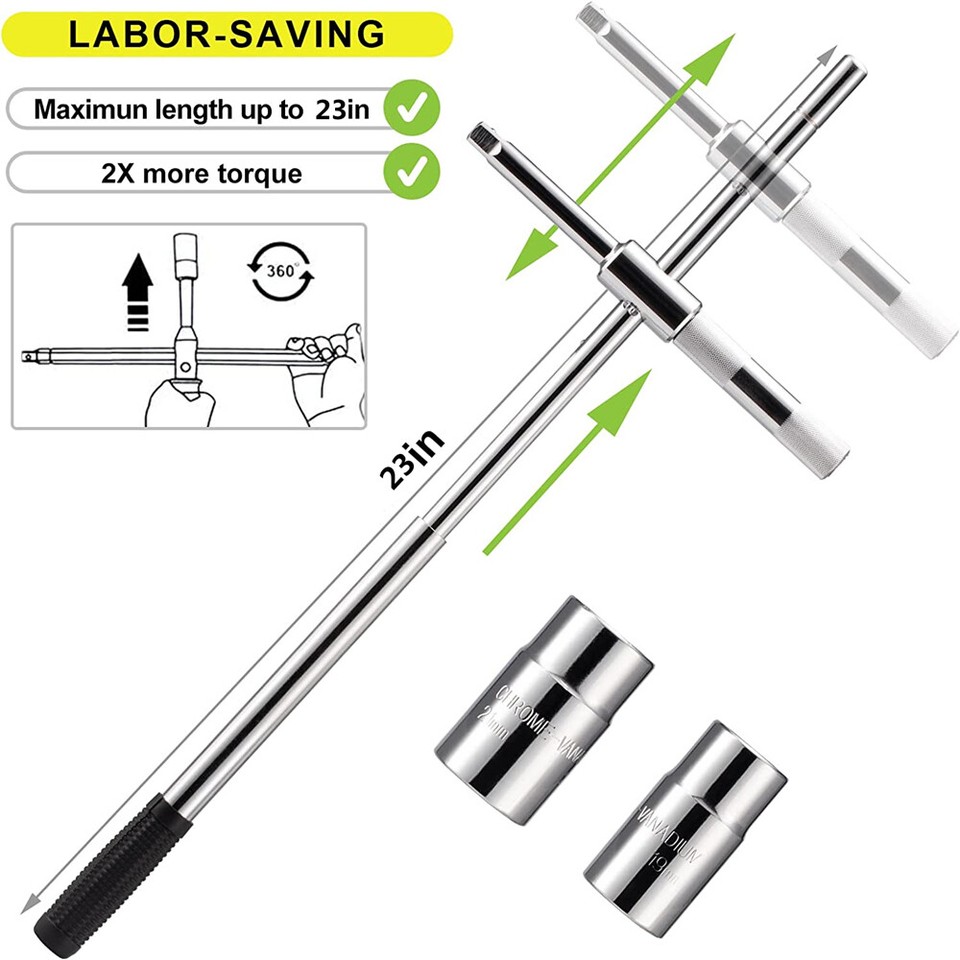 23" Universal Extended Lug Wrench, 4 Way Tire Iron Nut Wrench Set W ...