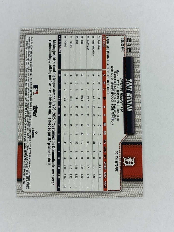 2026 Topps Series 1 Troy Melton RC Rookie Diamante Foil Parallel Tigers ...