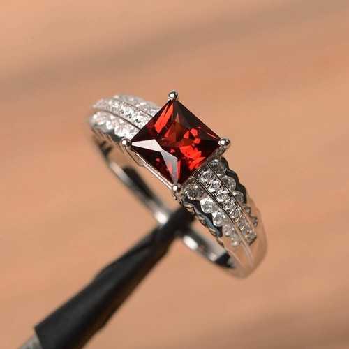 Princess Cut Natural Garnet 925 Sterling Silver Art Deco Wedding ...