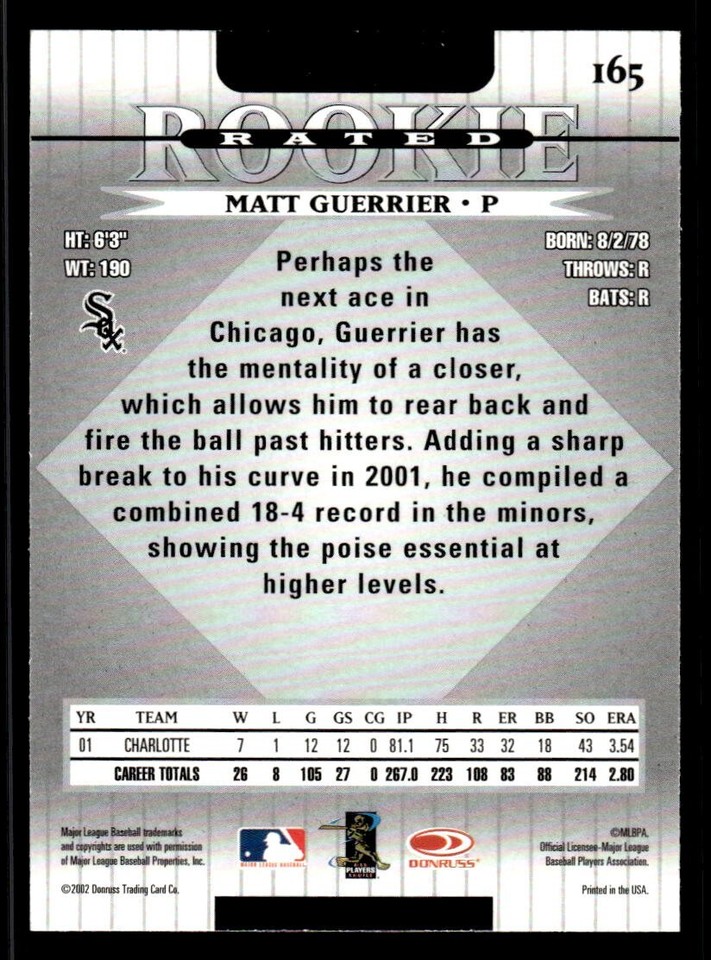 2002 Donruss - Rated Rookie Matt Guerrier #165 | eBay