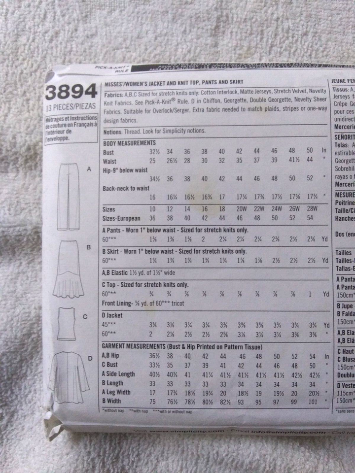 Simplicity 3894 Plus Size Pattern Knit Top Pants Skirt Drape Jacket~20W ...