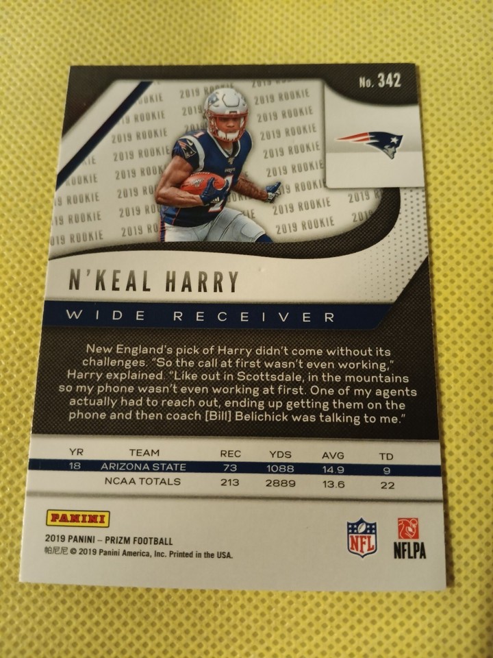 2019 N'KEAL HARRY PANINI PRIZM NFL ROOKIE CARD RC #342 NEW ENGLAND ...