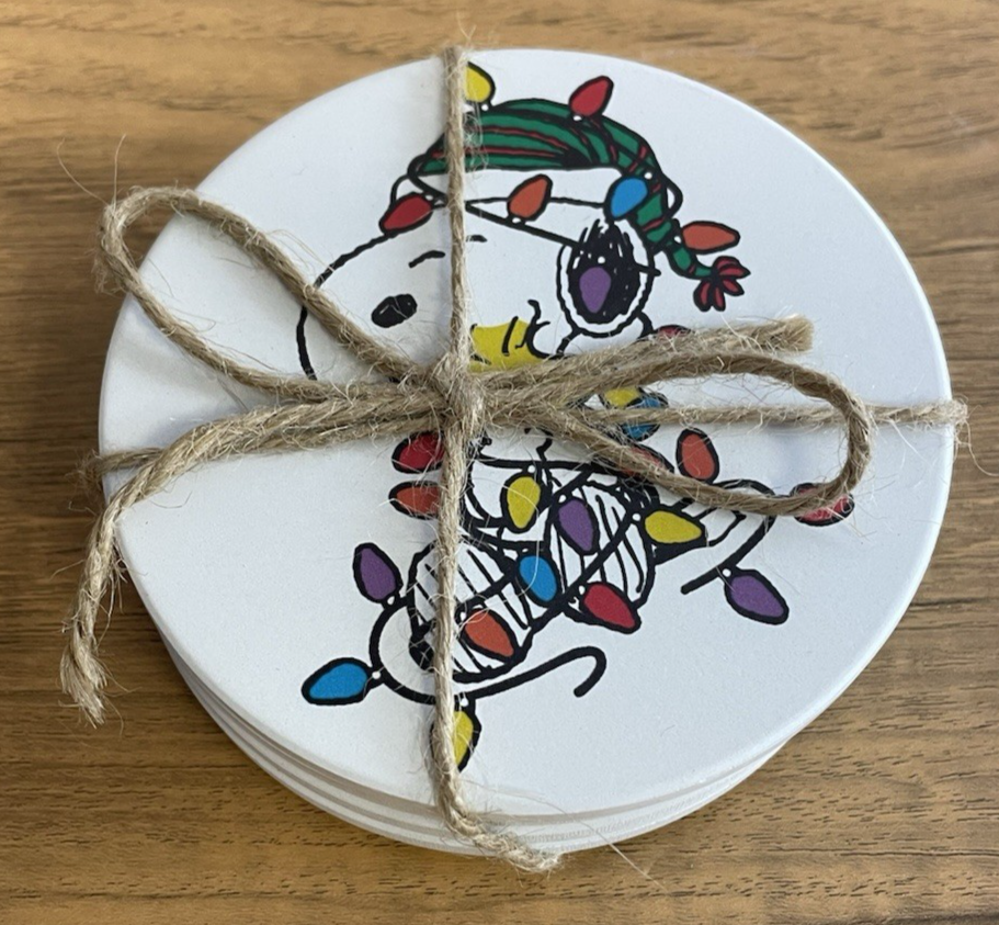 PEANUTS Snoopy & Woodstock Ceramic Coasters Set of 4 Holiday Lights ...
