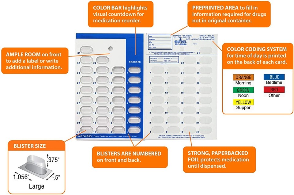 Monthly 31 Day Medication Blister Cards Cold Seal 6 pack (Orange) | eBay