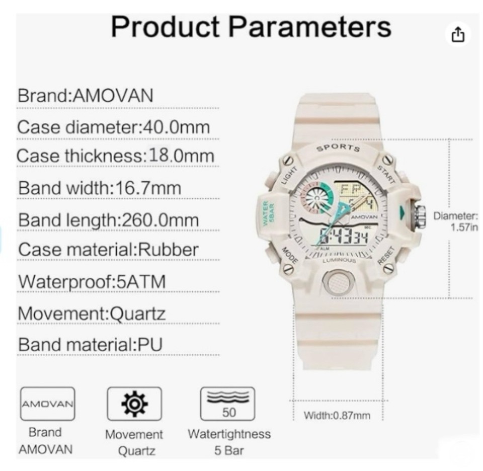 AMOVAN Analog/Digital Chronograph Watch White Silicone Band Japan ...