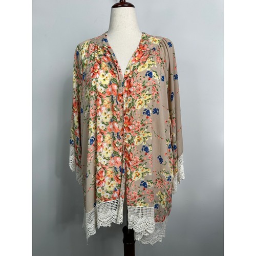 Umgee Floral Print Kimono Duster Crochet Trim Open Front M/L | eBay