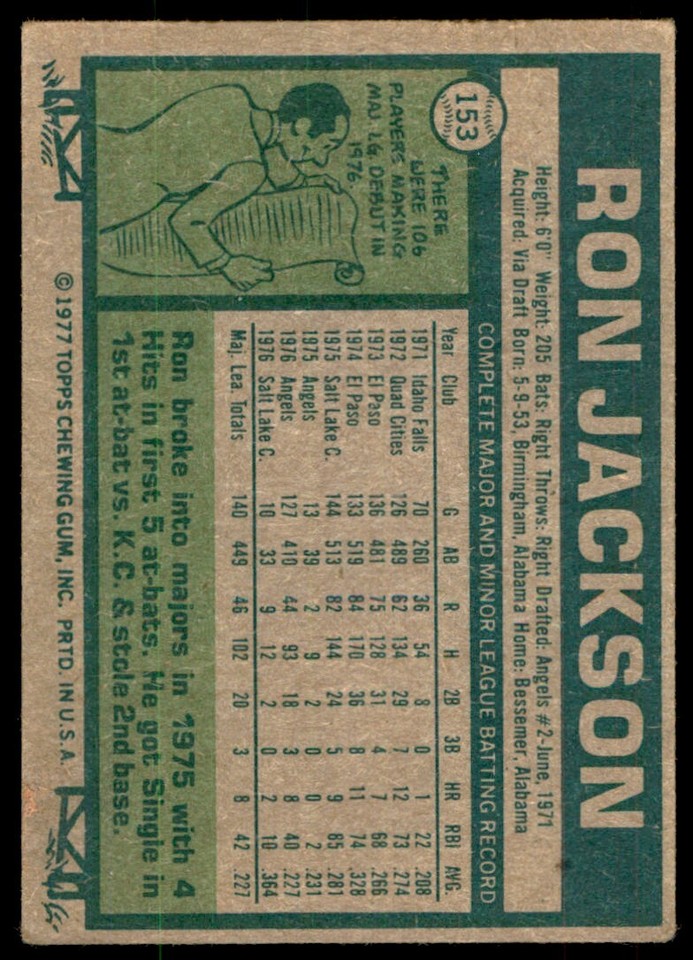 1977 TOPPS RON JACKSON ROOKIE . CALIFORNIA ANGELS #153 | eBay