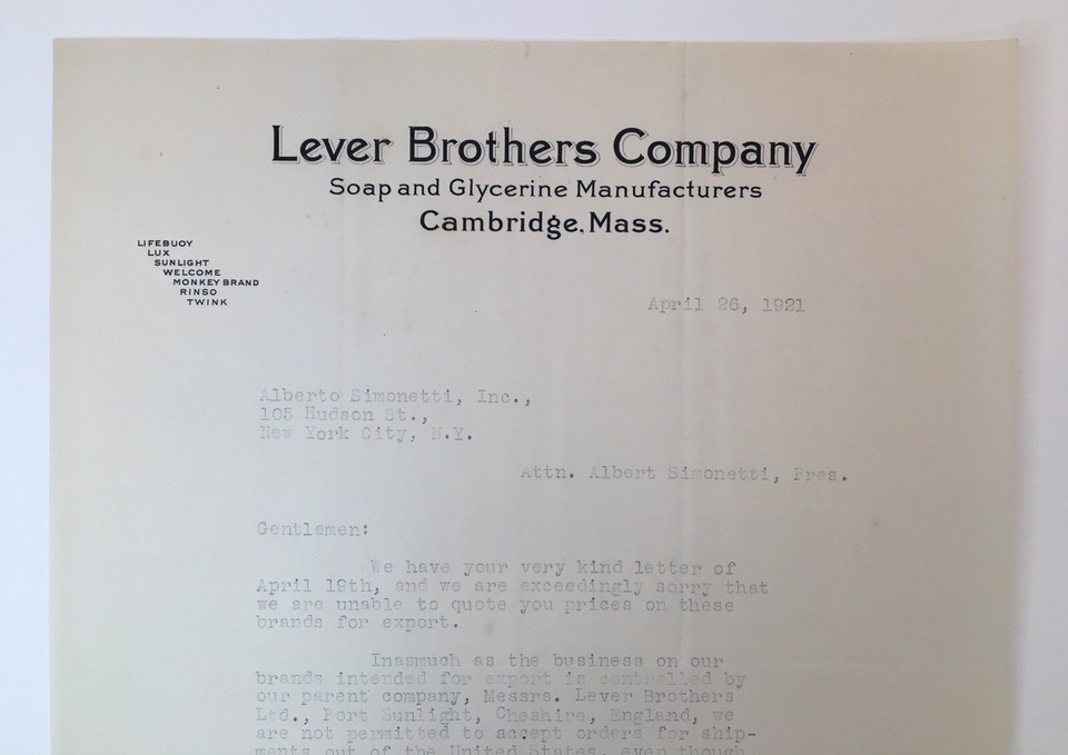1921 Lever Brothers Company Soap Glycerine Manufacturers Letterhead ...