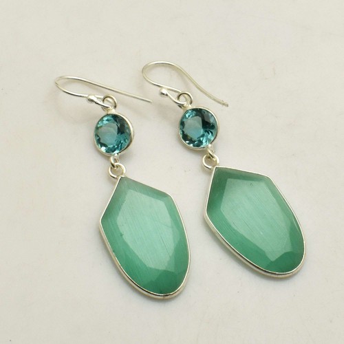 Cat Eye Blue Topaz Gemstone Handmade Drop Dangle Earrings Jewelry 2.08 ...
