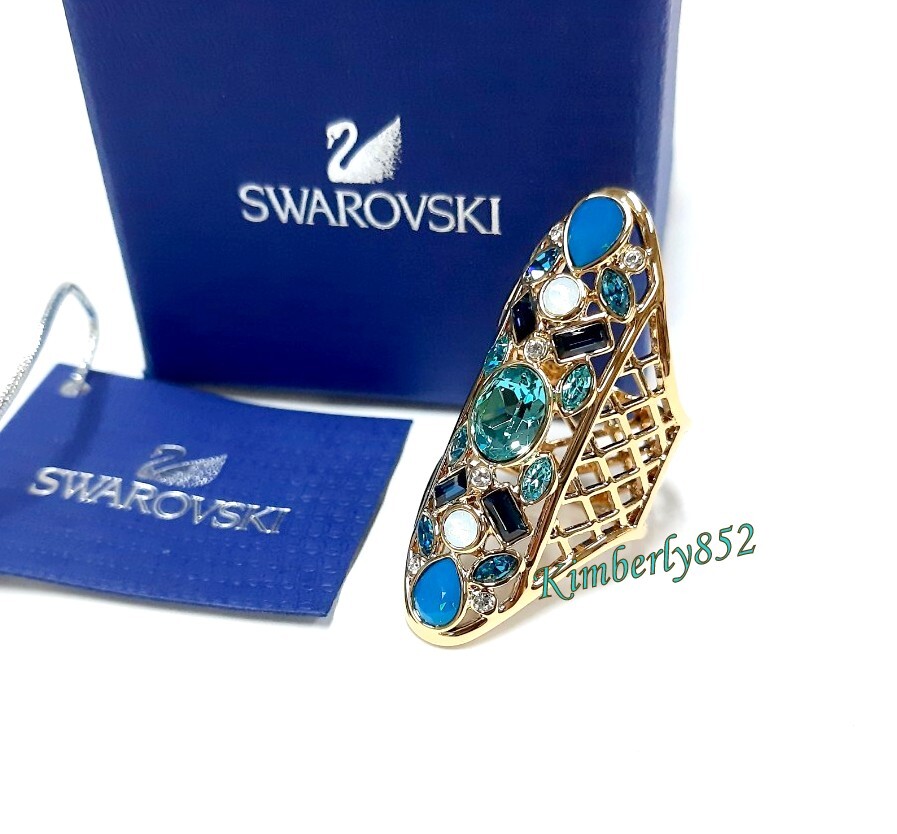 Swarovski Cyan Ring Long Blue Crystal Gold PVD NEW Option Size:S/6/52 ...