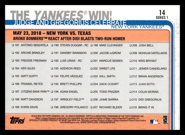 2019 Topps - Checklist #14 Didi Gregorius, Aaron Judge for sale online ...