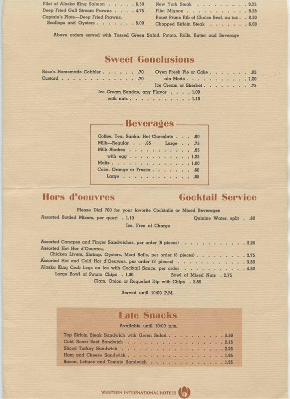 Anchorage Westward Hotel Room Service Menu Alaska Western International ...