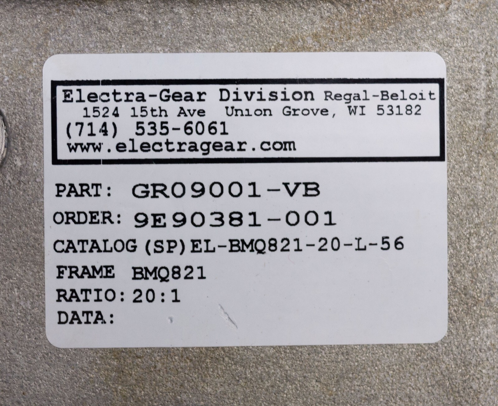 Grove Electra Gear GR09001-VB Right Angle Speed Reducer Worm Gear Drive ...