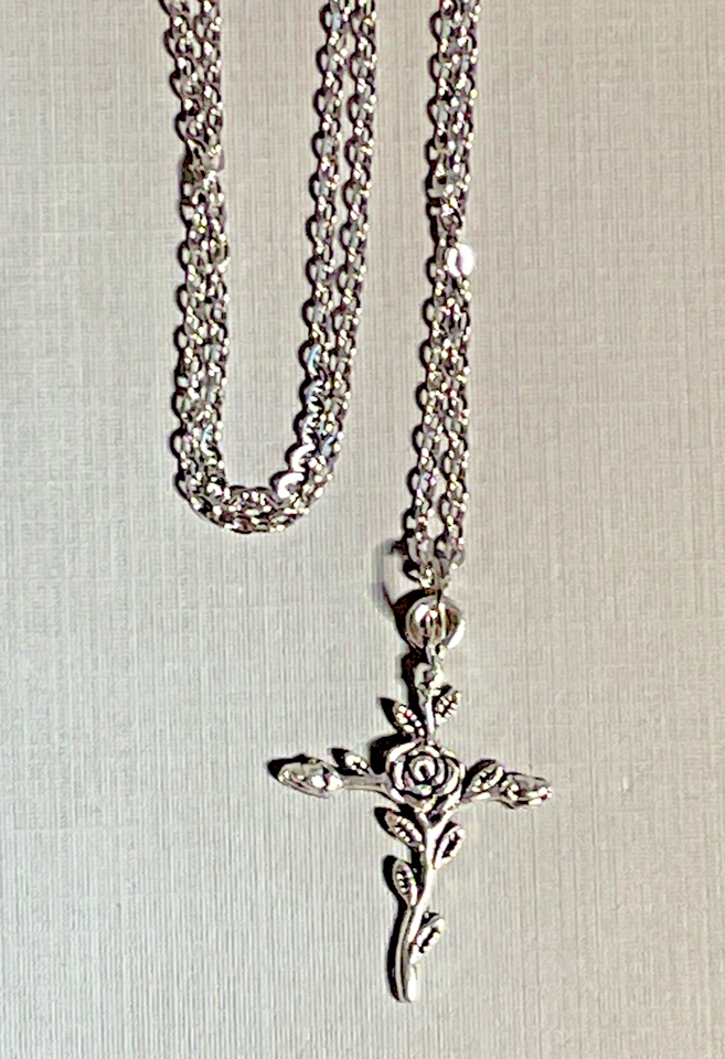 Rose Cross Necklace 20” Stainless Spiritual Religious Christian Jewelry ...