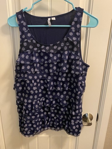 Elle L Blouse Blue Ruffle Layered Tank Sleeve Top Floral Shirt Lined ...
