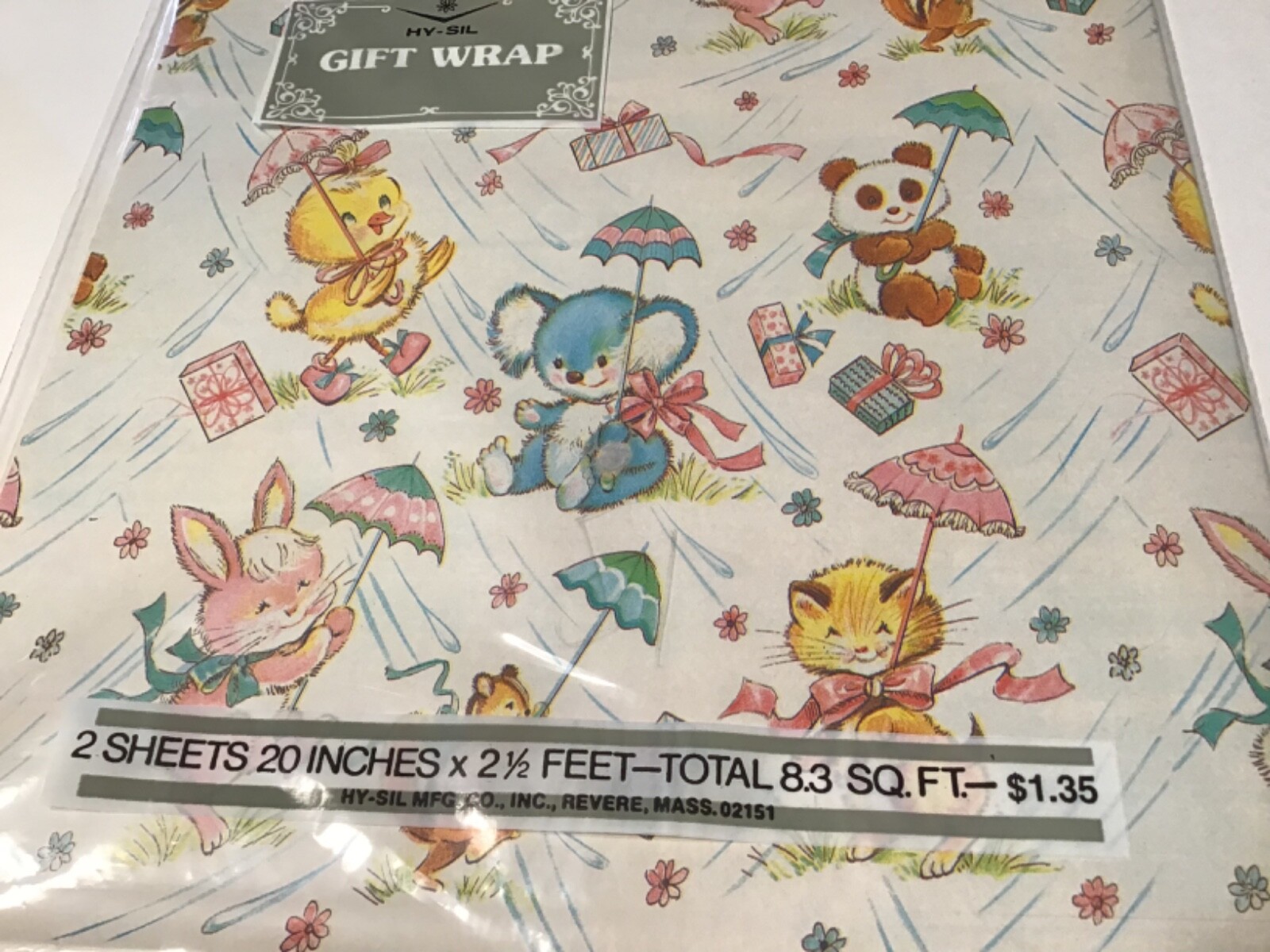 VTG Hy-Sil Baby Shower Gift Wrap Ducks Bunnies Kittens Bears Umbrellas ...