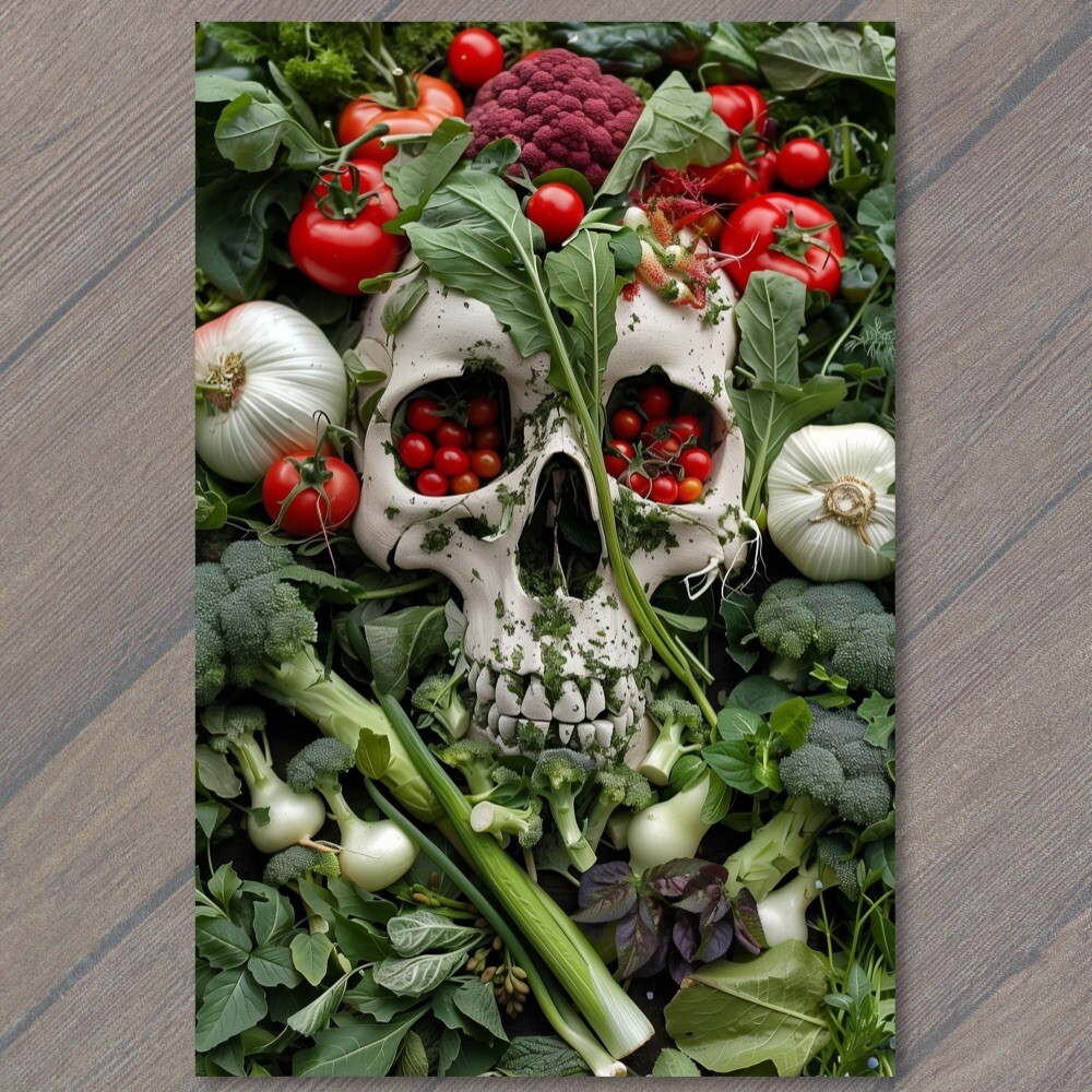 POSTCARD Vegetable Skull Weird Pepper Strange Are What You Eat Scary ...