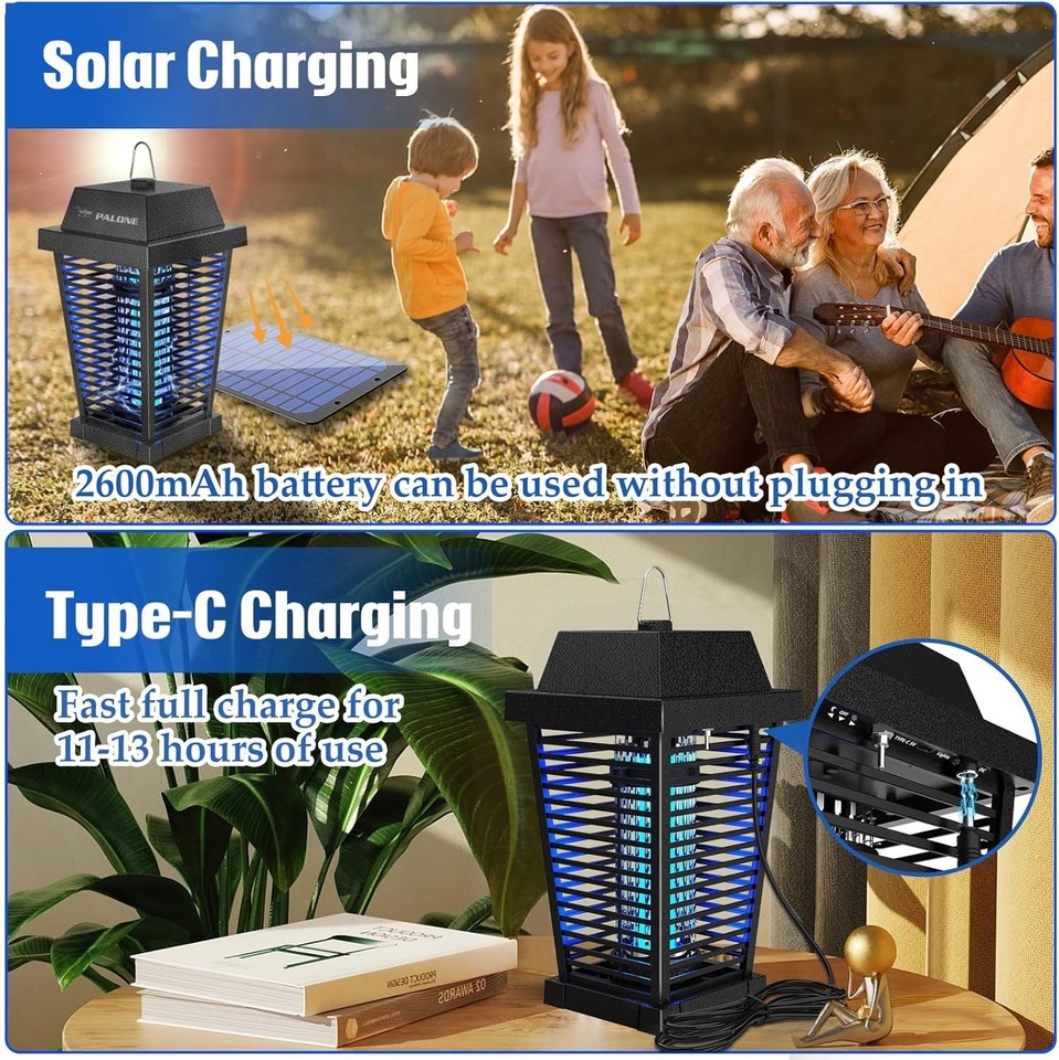 Fly Zapper with Solar Panel: 4500V Rechargeable Mosquito Killer for All ...