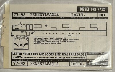 WALTHERS HO SCALE DECAL-PENNSYLVANIA/CAB DIESEL-DULUX (STRPS NOT INCL ...