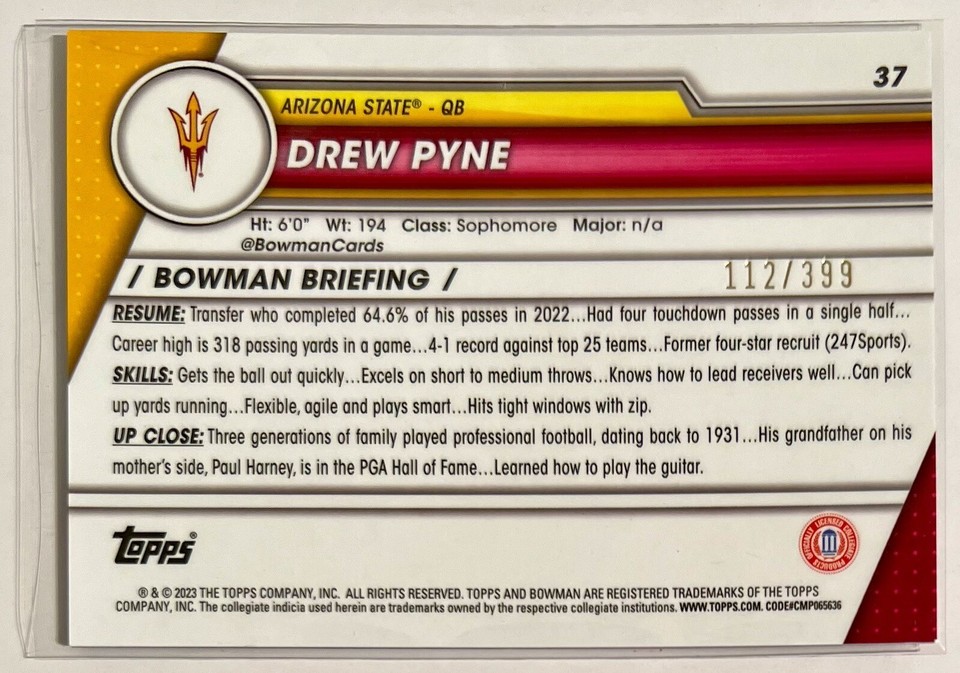 Drew Pyne 2023 Bowman U Chrome Purple Refractor 112/399 Arizona State ...
