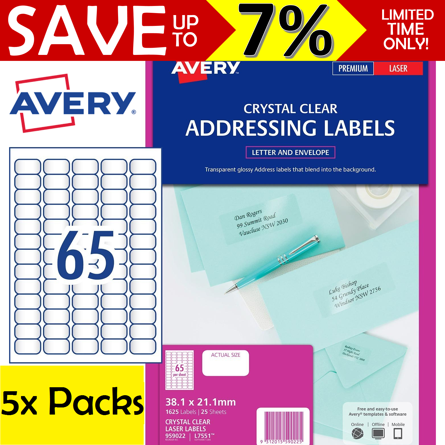 NEW 5x Packs 25x Sheets CLEAR Avery Laser Address Labels 65UP Sheet ...