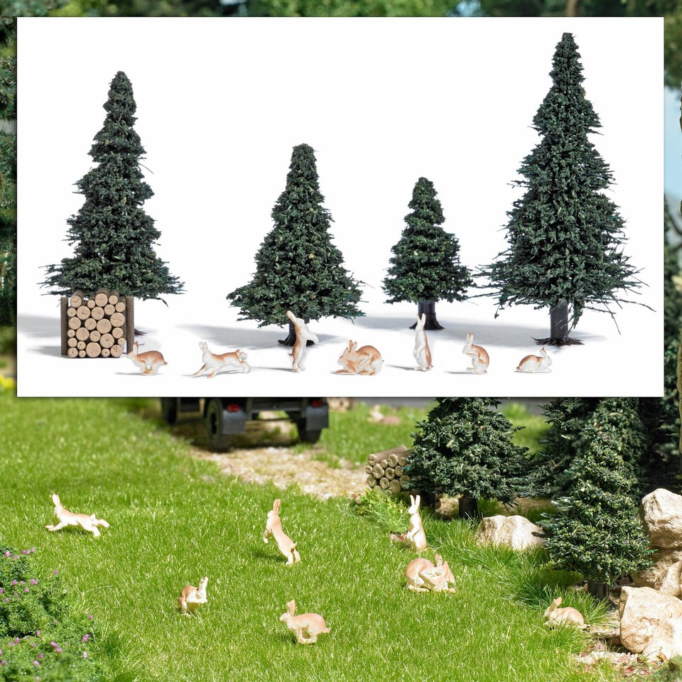 7 Hares / Rabbits in different positions and 4 conifers HO/OO Gauge ...