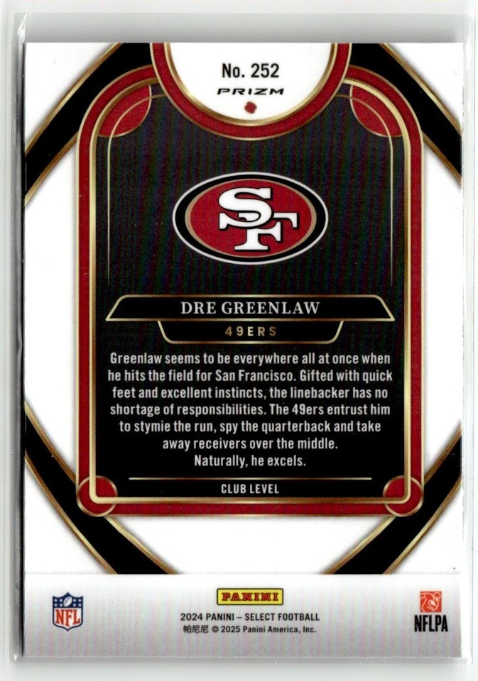 Dre Greenlaw 2024 Panini Select Yellow & Red Prizm Shock Club Level San ...