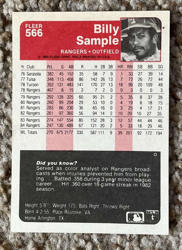 Billy Sample signed 1985 Fleer - Rangers | eBay