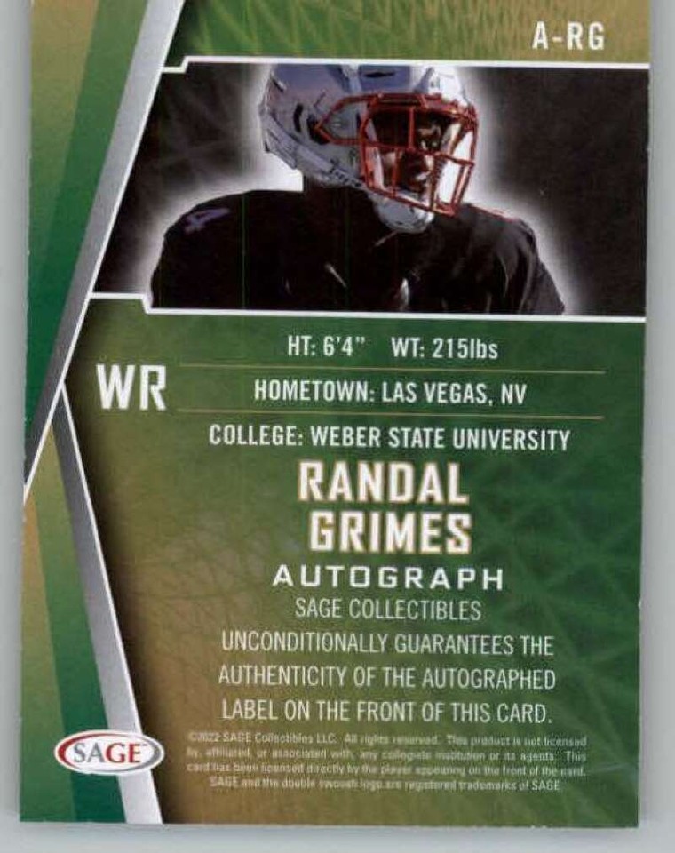 2022 Sage High Series Autographs Black #A-RG Randal Grimes RC Rookie ...
