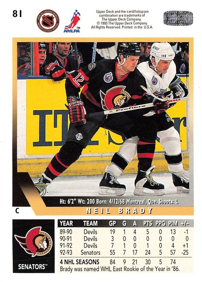 Neil Brady 1993 Upper Deck #81 Ottawa Senators | eBay