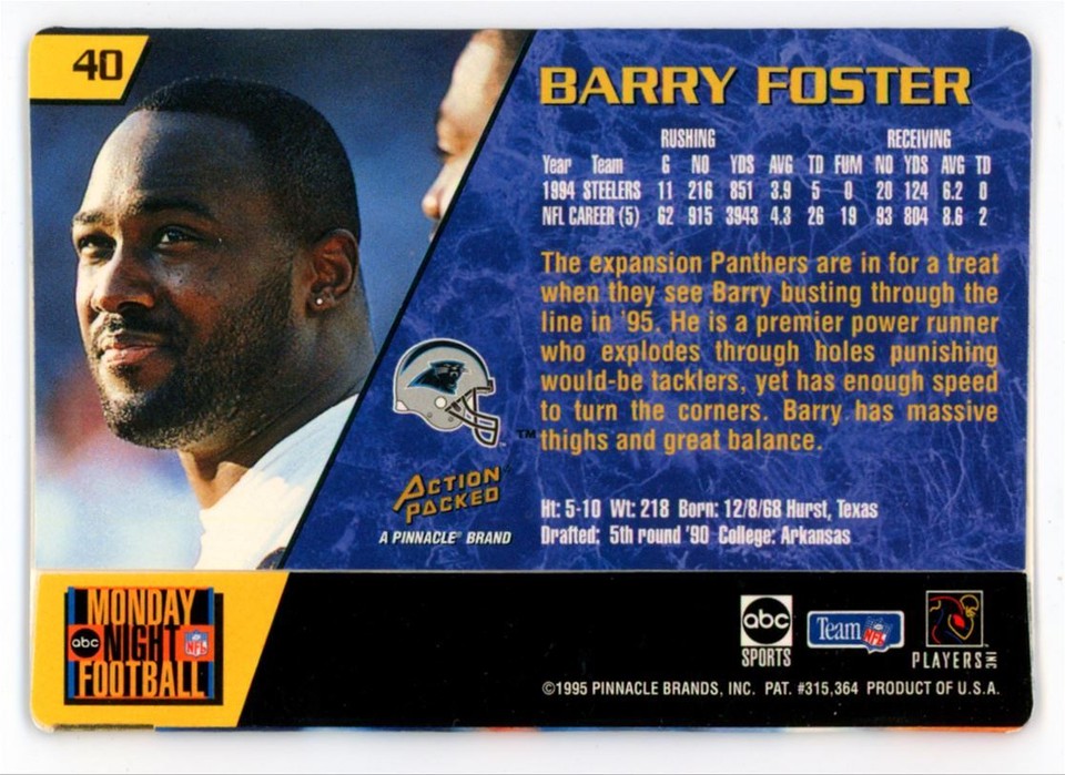 1995 Action Packed Monday Night Football Barry Foster Carolina Panthers ...