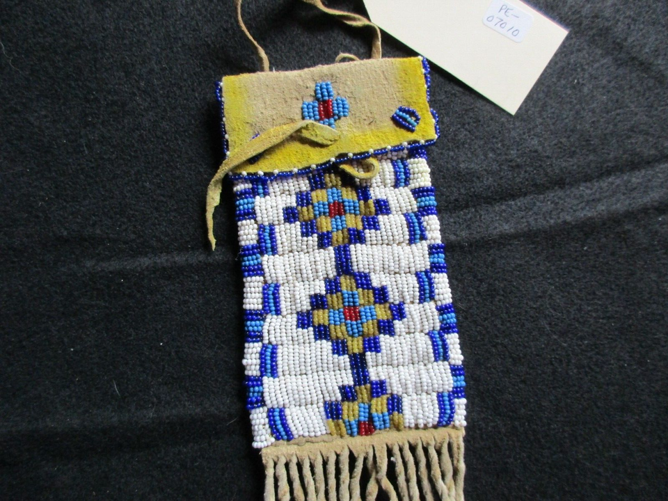 NATIVE AMERICAN BEADED LEATHER TOBACCO POUCH or MEDICINE BAG, DU-0423* ...