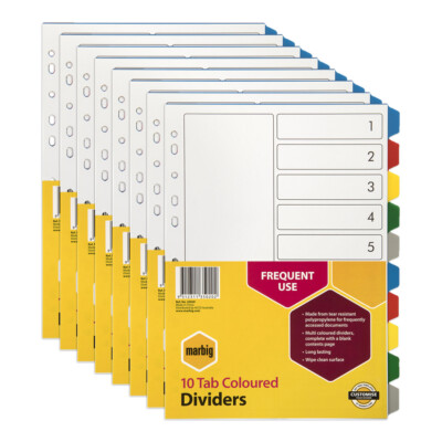 8x Marbig PP 10 Tab Coloured A4 Binder Divider/Indices Document Filing ...
