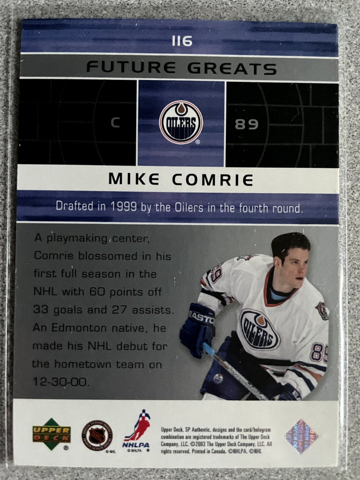 2002-03 SP Authentic Mike Comrie Future Greats Card /2003 #116 Edmonton ...