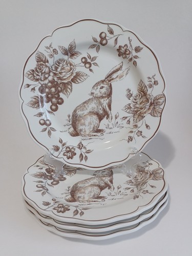 4 Maxcera Brown Toile Bunny Rabbit 11.5" Dinner Plates Scalloped Easter ...
