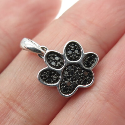 SUN 925 Sterling Silver Real Round-Cut Black Diamond Dog Paw Minimalist ...