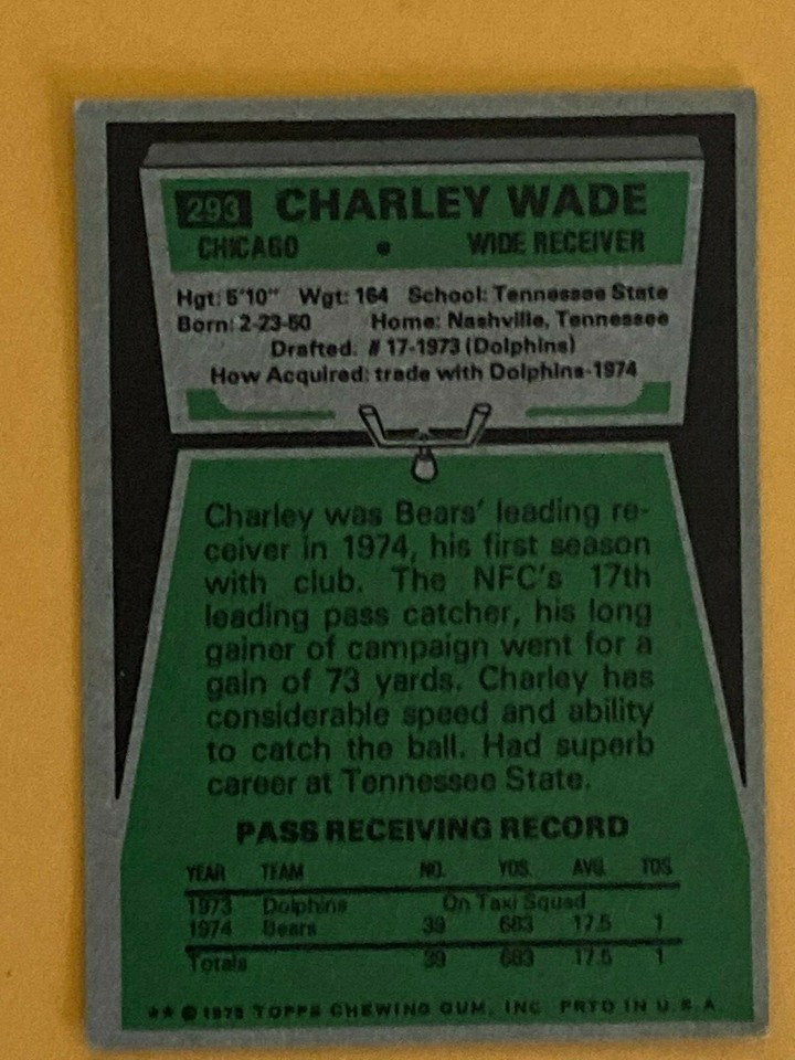 1975 Topps #293 RC Charley Wade - Chicago Bears | eBay