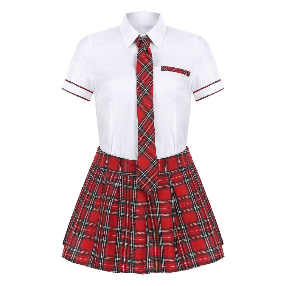 Women's Schoolgirl Uniform Dress Outfit T Shirt Mini Plaid Skirt Tie ...