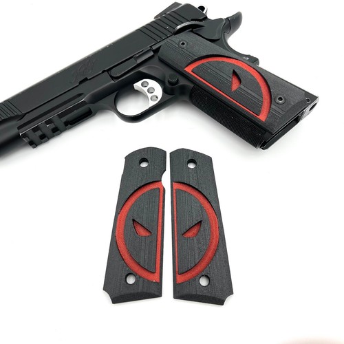 Deadpool 1911 Full Size Grips Custom Black Red .45 Ambi Cut Colt Kimber ...