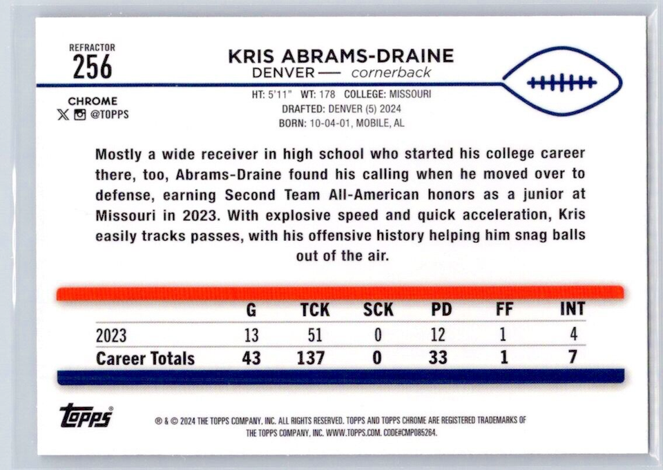 2024 Topps Chrome Football - Kris Adams-Draine - REFRACTOR - Broncos - RC - #256 | eBay