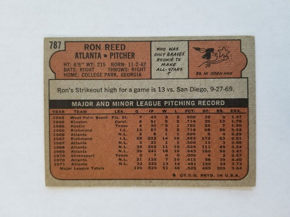 RON REED 1972 TOPPS BASEBALL CARD #787 ATLANTA BRAVES HIGH NUMBER | eBay