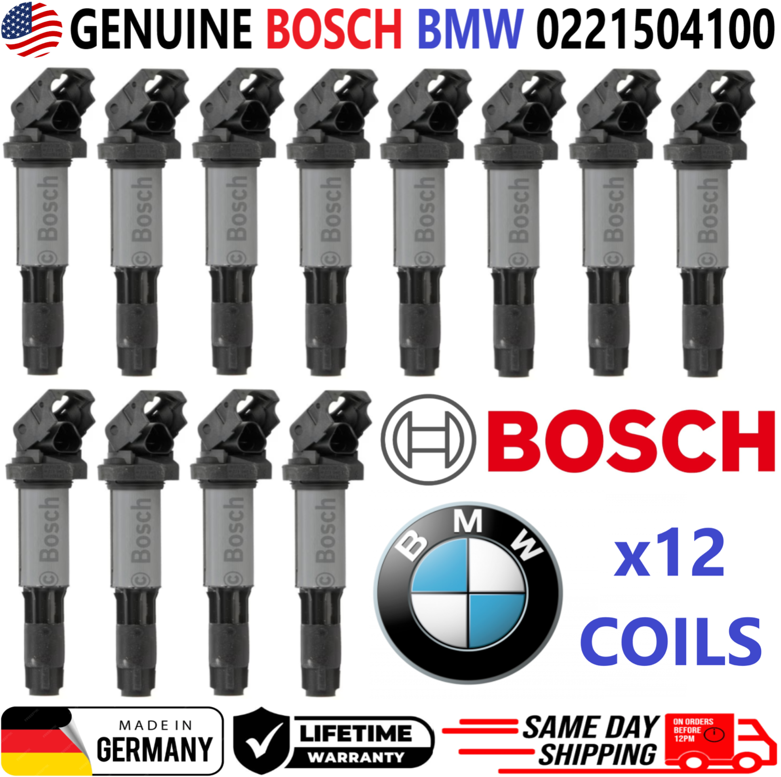 GENUINE BOSCH BMW x12 Ignition Coils For 2001-2010 BMW I4 I6 V8 V12 ...