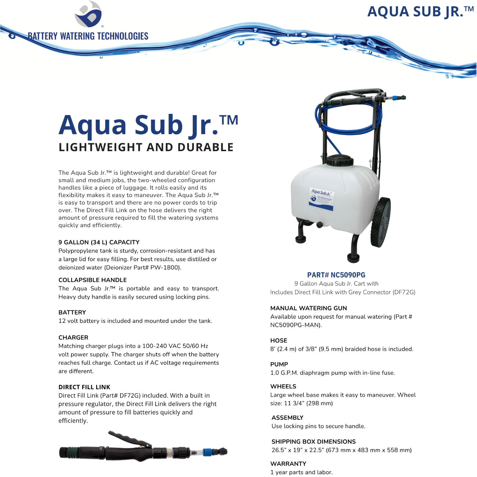 Aqua Sub Jr NC5090PG Battery Watering Cart - 9 Gallon w/ Grey Connector ...