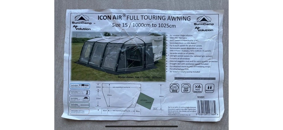 SunnCamp Air Volution Icon Air Full Touring Awning Caravan Size 15 ...