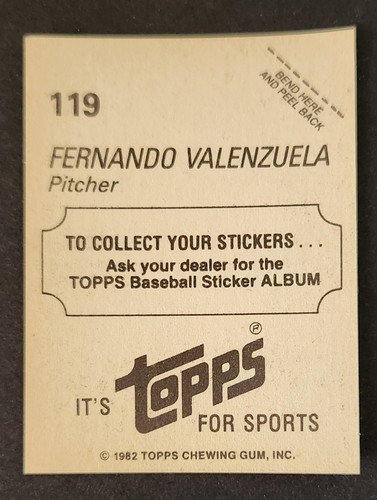 1982 Topps MLB Album Stickers #119 Fernando Valenzuela EX LA Dodgers ...