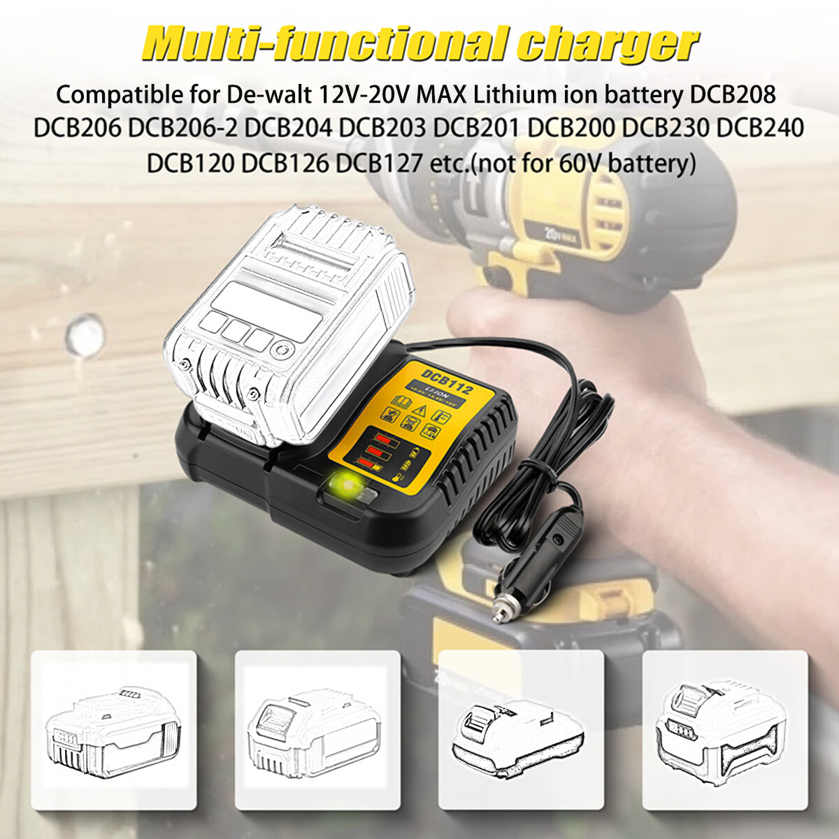 Car Charger for De-walt DCB112 10.8V-18V Battery DCB182 DCB200 DCB184 ...