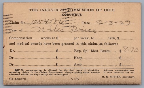 1926 The Industrial Commission of Columbus Ohio Claim Postcard Name ...