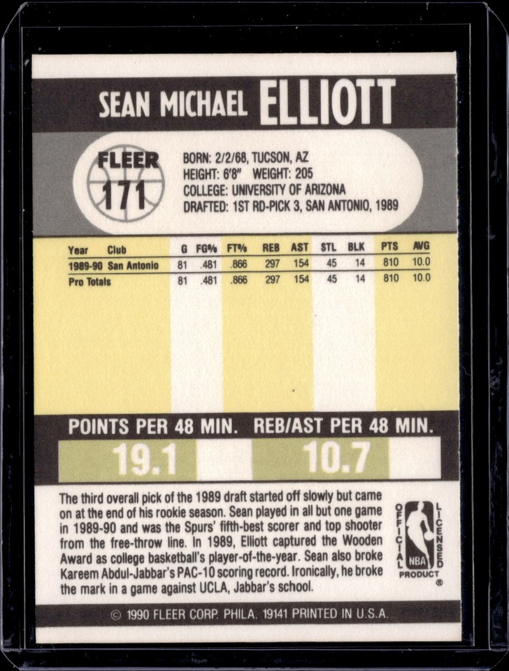 Sean Elliott 1990-91 Fleer #171 Rookie San Antonio Spurs | eBay