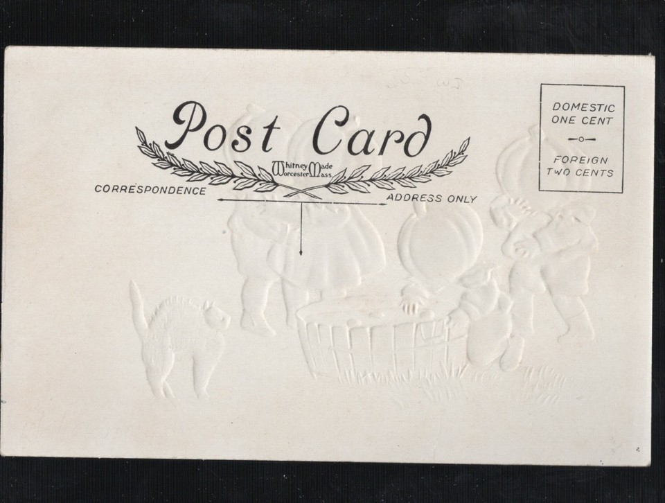 H463 Halloween Antique Postcard Pumpkin JOL Kids Bobbing Apples Black ...