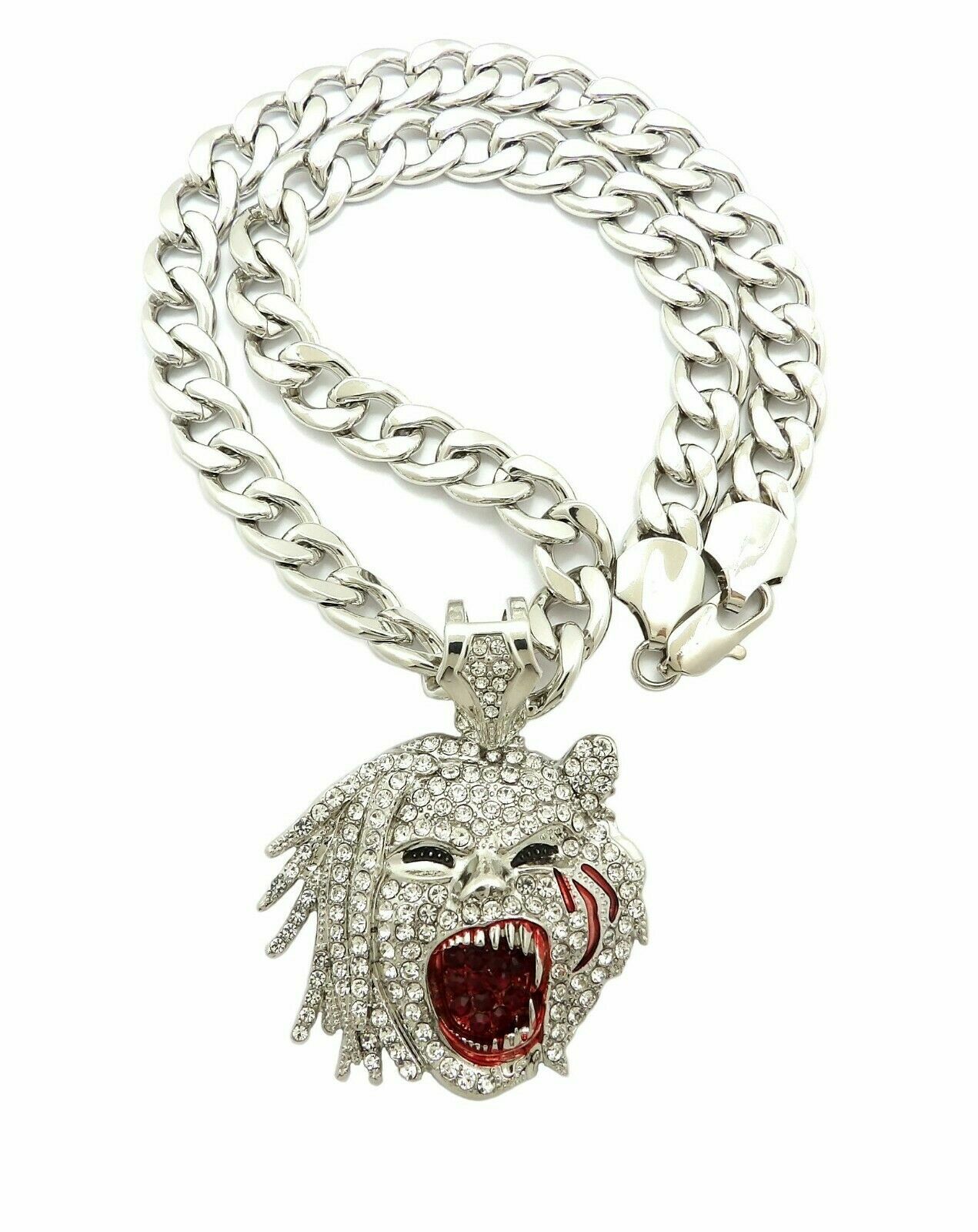 TEE GRIZZLEY Half Man Half Beast Pendant & 18" 20" Iced Cuban Chain ...